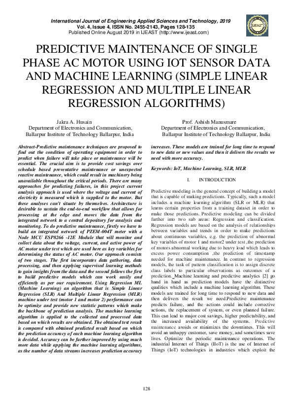 (PDF) Predictive Maintenance of Single Phase Ac Motor Using Iot Sensor Data and Machine Learning ...