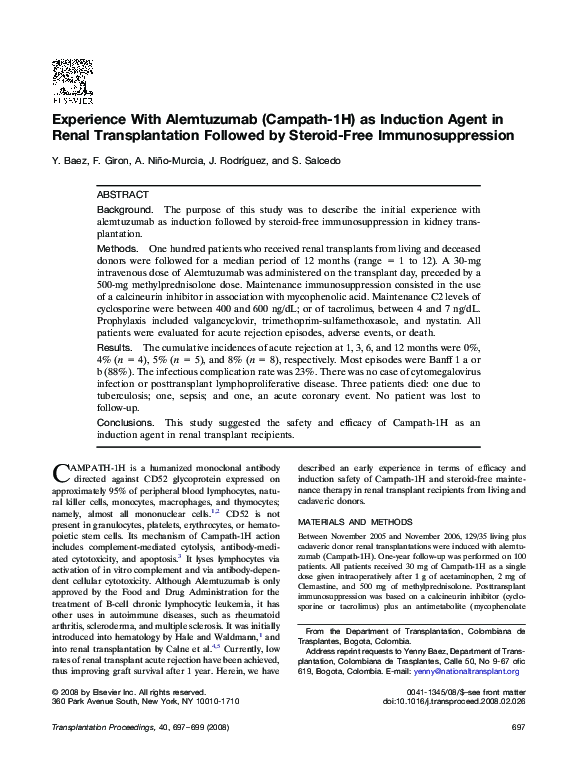 (PDF) Experience With Alemtuzumab (Campath-1H) as Induction Agent in ...