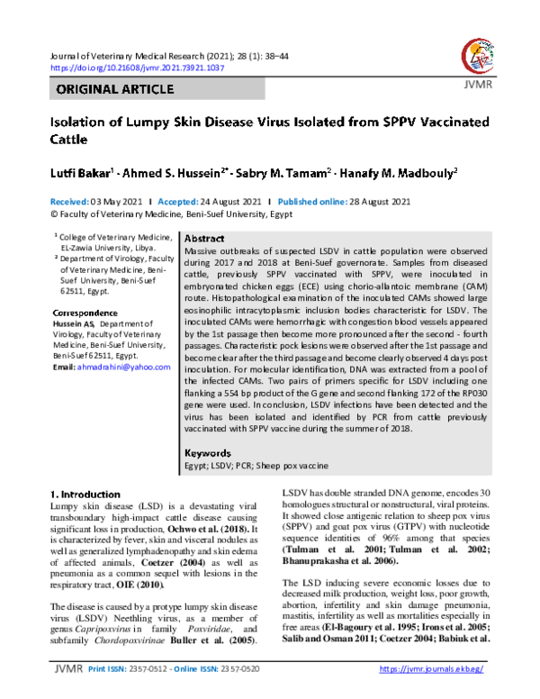 (PDF) Isolation of Lumpy Skin Disease Virus Isolated from SPPV Vaccinated Cattle