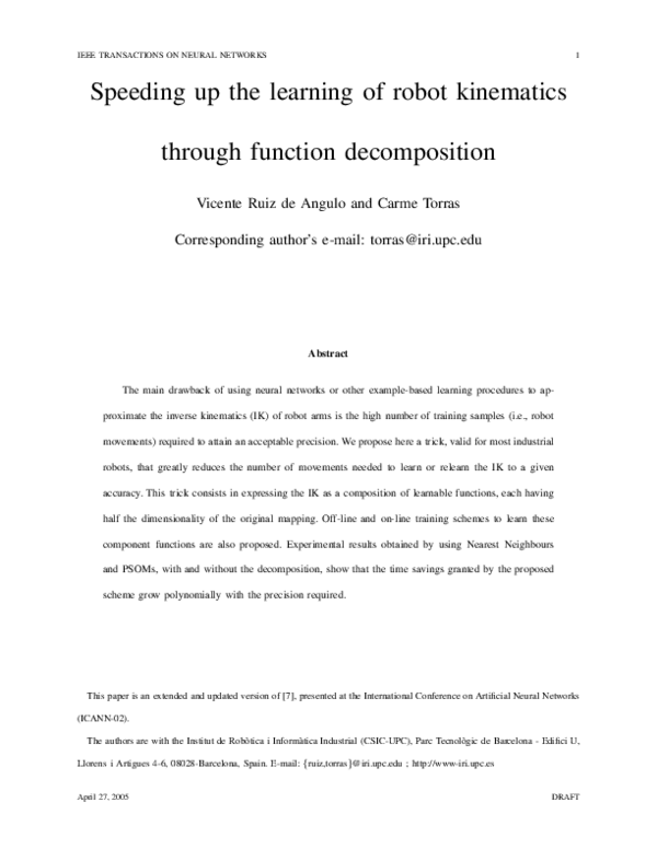 (PDF) Speeding Up the Learning of Robot Kinematics Through Function Decomposition
