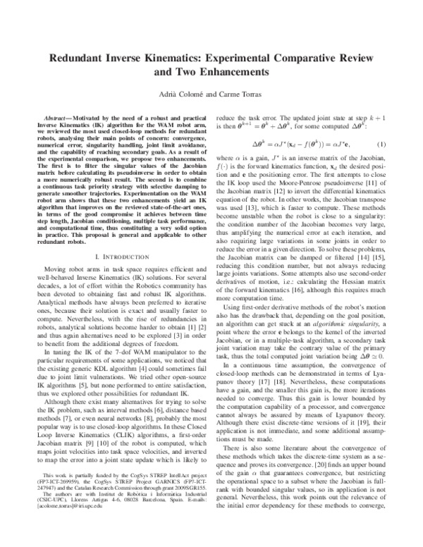 (PDF) Redundant inverse kinematics: Experimental comparative review and two enhancements