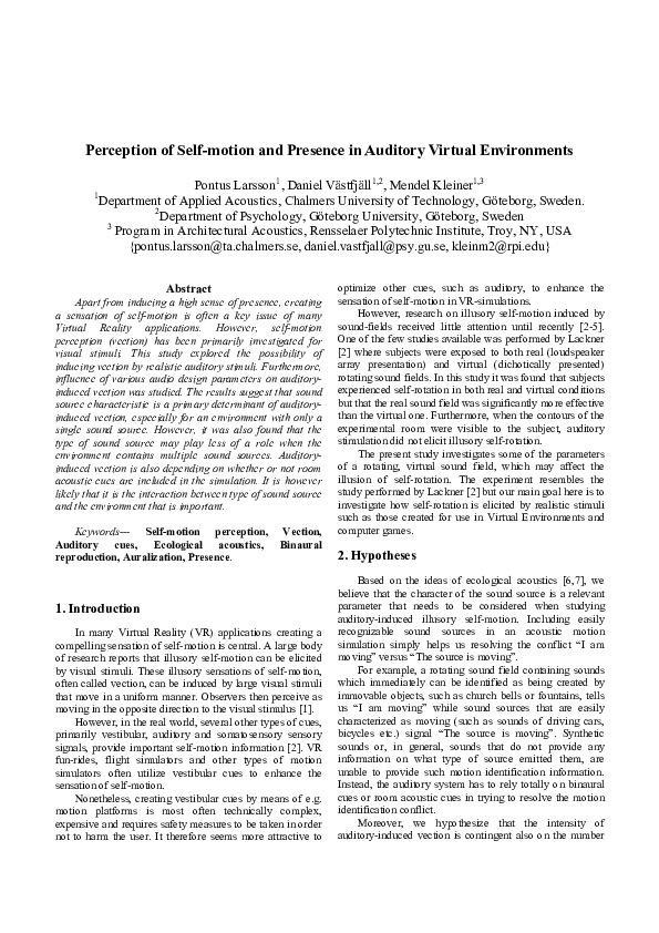 (PDF) Perception of self-motion and presence in auditory virtual environments | Mendel Kleiner ...