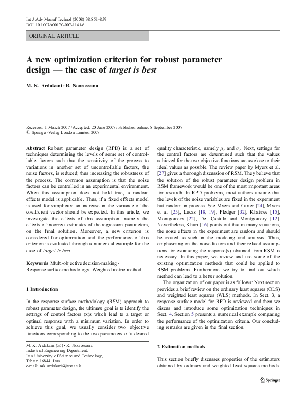 (PDF) A new optimization criterion for robust parameter design — the case of target is best