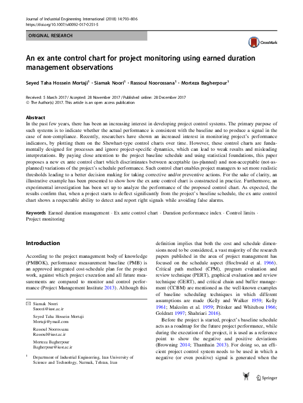 (PDF) An ex ante control chart for project monitoring using earned duration management observations