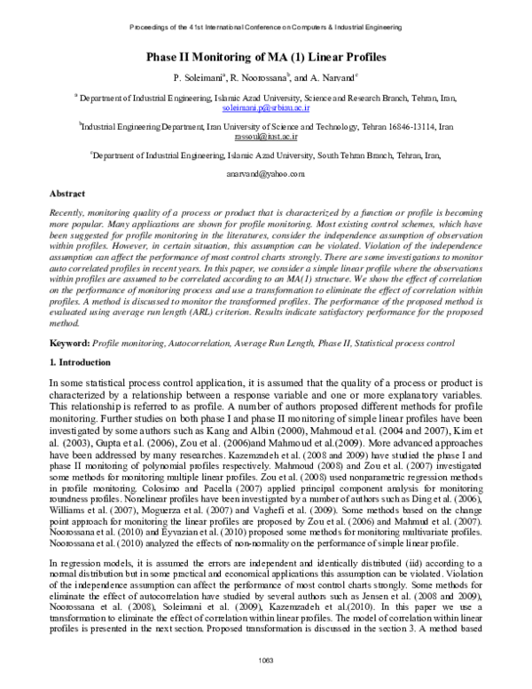 (PDF) Phase II Monitoring of MA (1) Linear Profiles (PDF) Phase II Monitoring of MA (1) Linear Profiles