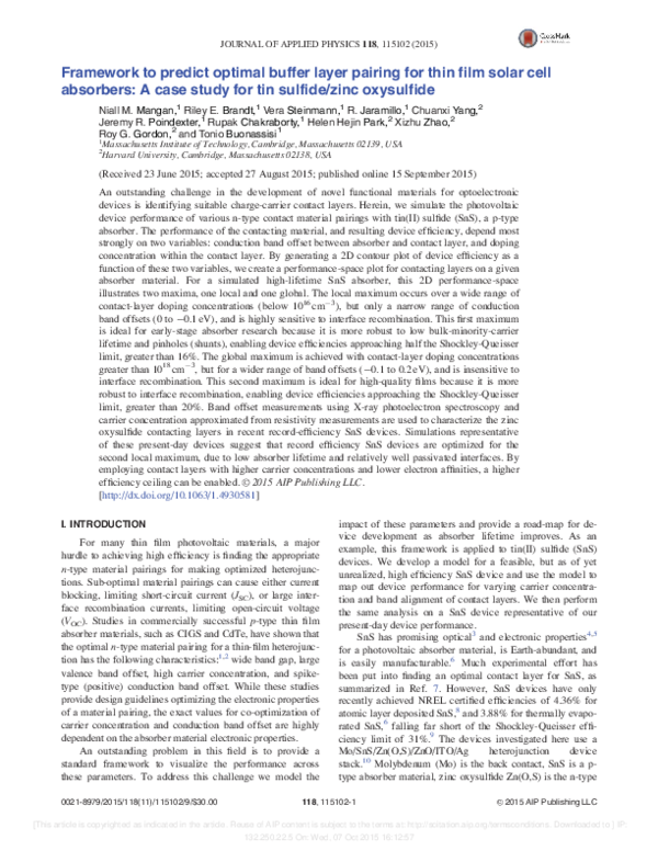 (PDF) Framework to predict optimal buffer layer pairing for thin film solar cell absorbers: A ...