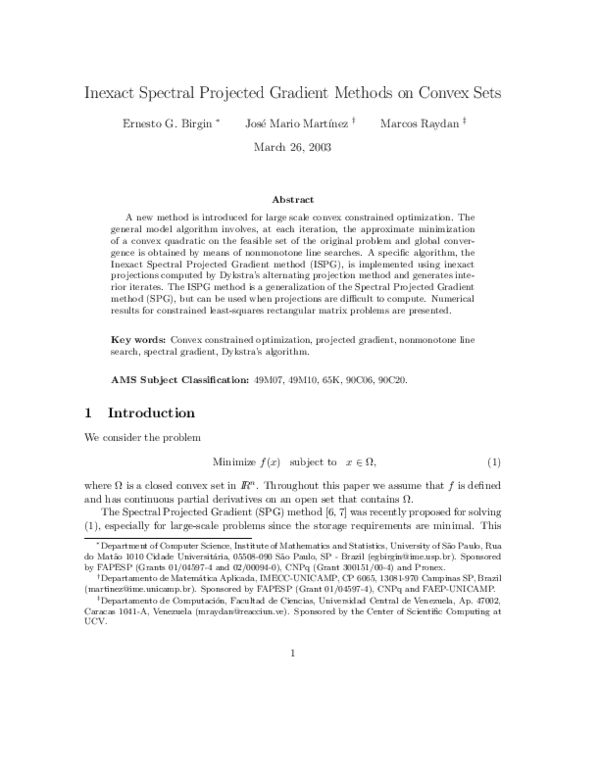 Pdf Inexact Spectral Projected Gradient Methods On Convex Sets