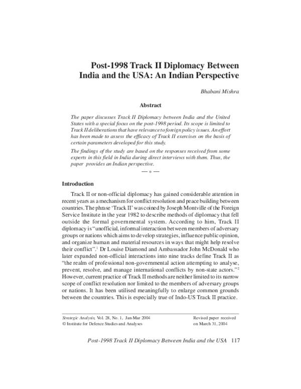 (PDF) Post-1998 track II diplomacy between India and the USA: An Indian ...