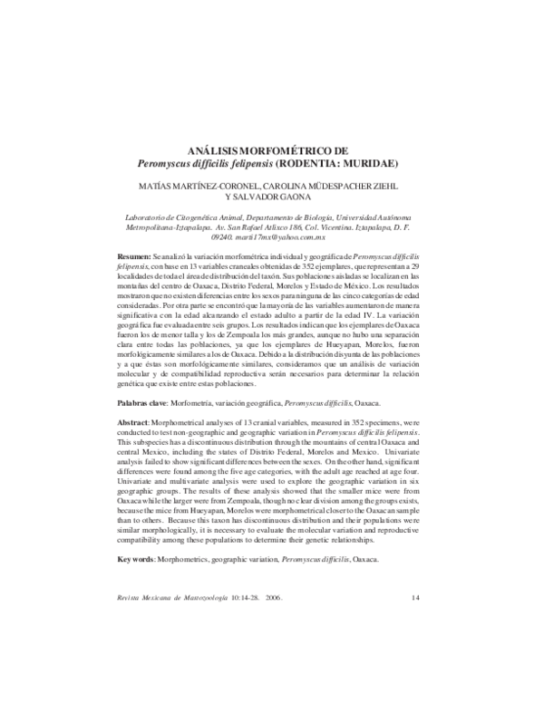 (PDF) Análisis morfométrico de Peromyscus difficilis felipensis (Rodentia: Muridae)