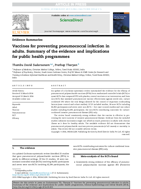 (PDF) Vaccines for preventing pneumococcal infection in adults. Summary of the evidence and ...