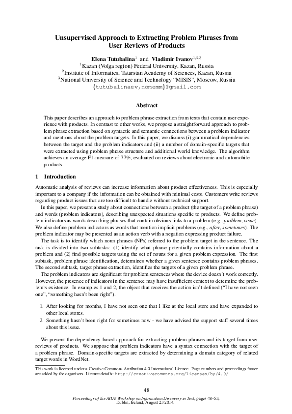 (PDF) Unsupervised Approach to Extracting Problem Phrases from User Reviews of Products