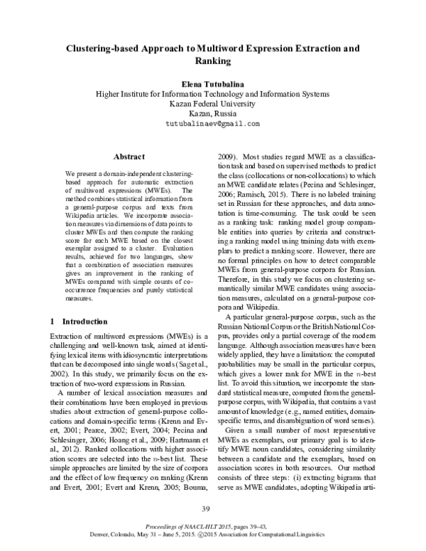 Pdf Clustering Based Approach To Multiword Expression Extraction And