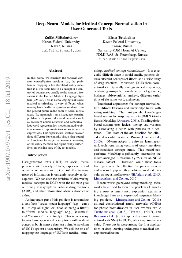 Pdf Deep Neural Models For Medical Concept Normalization In User Generated Texts Elena