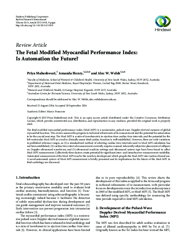 (PDF) The Fetal Modified Myocardial Performance Index: Is Automation ...