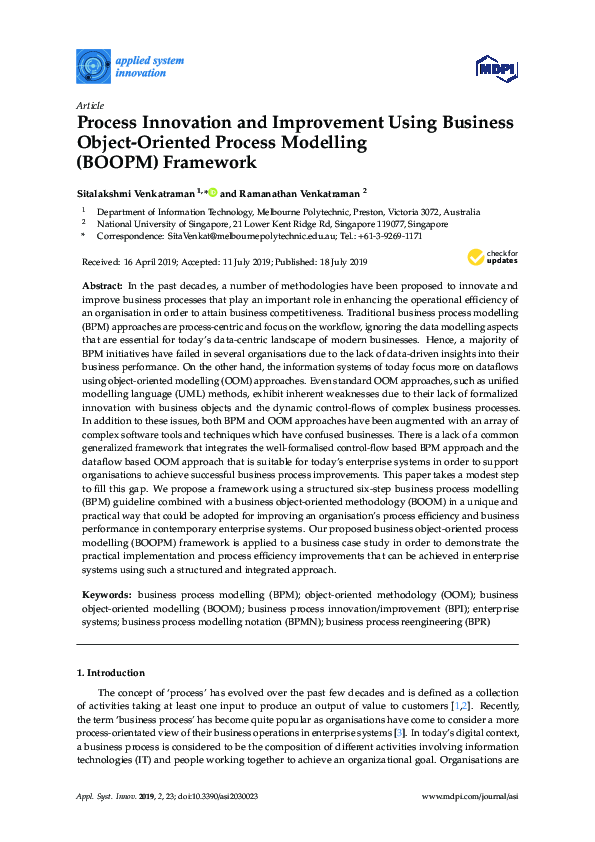 (PDF) Process Innovation and Improvement Using Business Object-Oriented Process Modelling (BOOPM ...