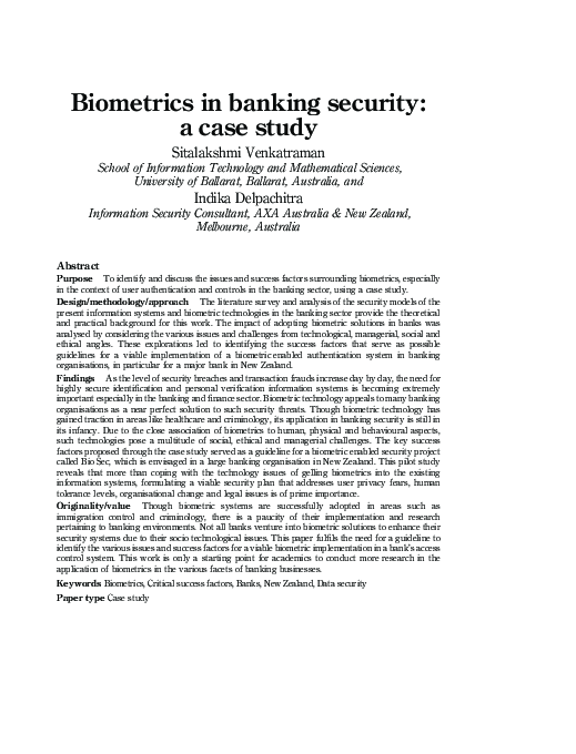 (PDF) Biometrics in banking security: a case study