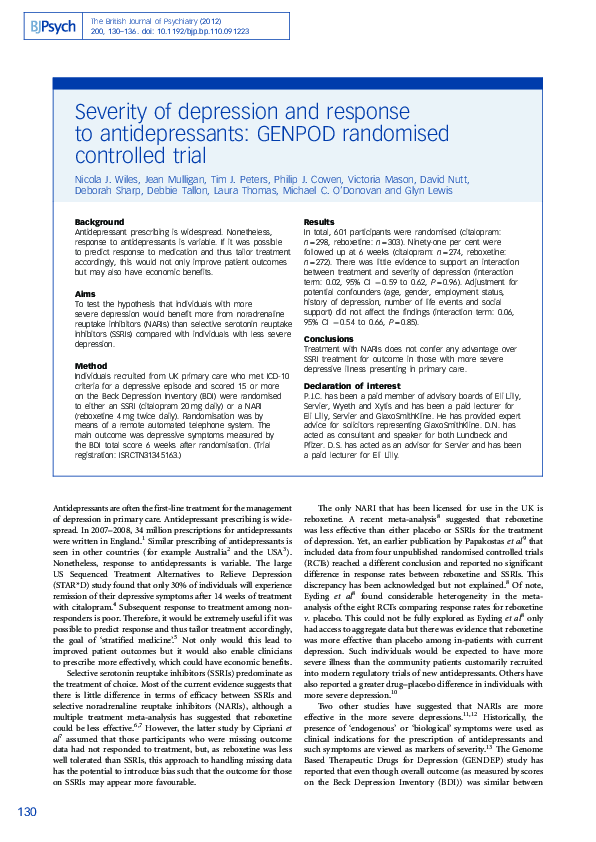 Pdf Severity Of Depression And Response To Antidepressants Genpod