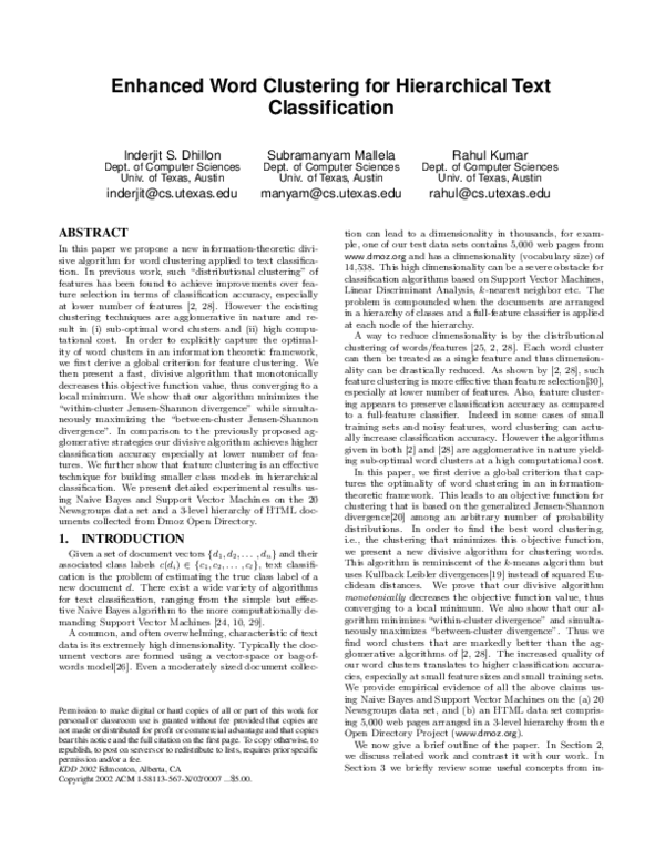 Pdf Enhanced Word Clustering For Hierarchical Text Classification Manyam Mallela