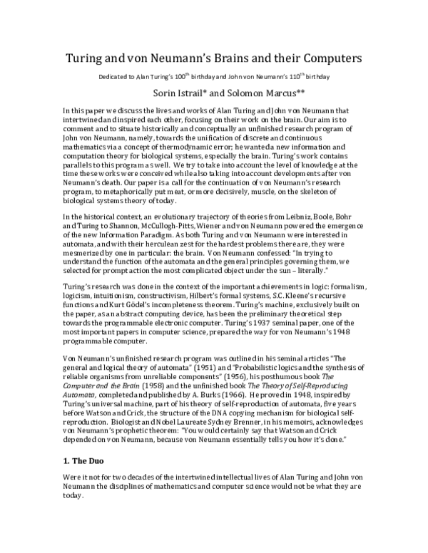 (PDF) Turing and von Neumann's Brains and their Computers