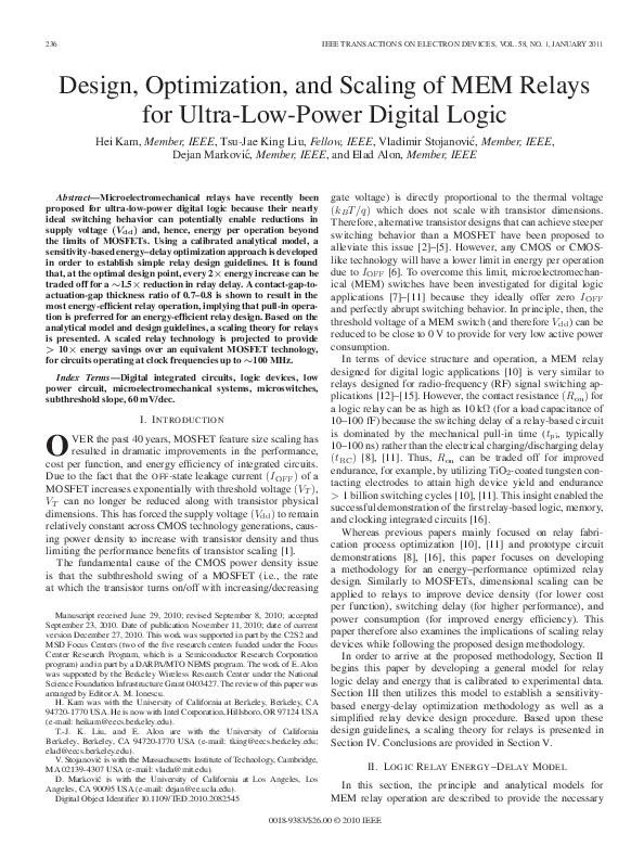 Pdf Design Optimization And Scaling Of Mem Relays For Ultra Low Power Digital Logic