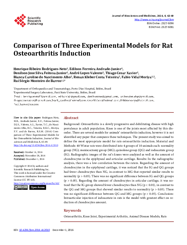 (PDF) Comparison of Three Experimental Models for Rat Osteoarthritis ...