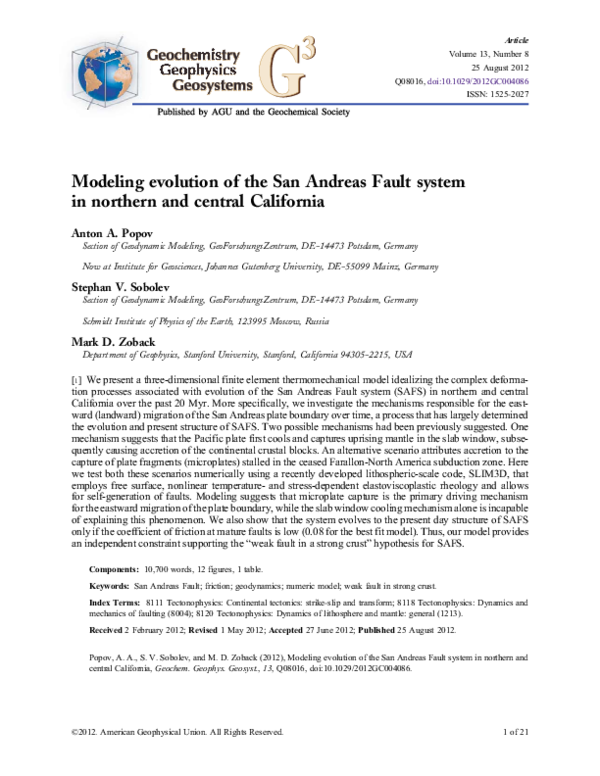 (PDF) Modeling evolution of the San Andreas Fault system in northern ...