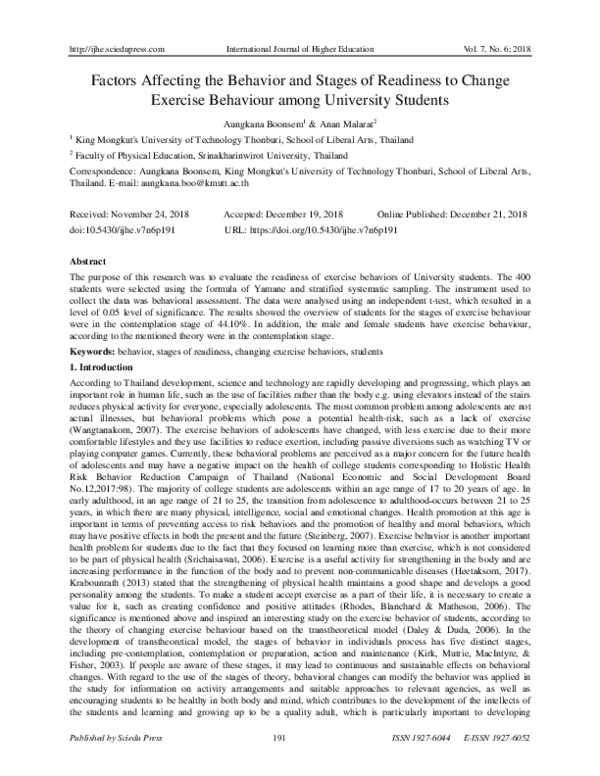 (PDF) Factors Affecting the Behavior and Stages of Readiness to Change Exercise Behaviour among ...