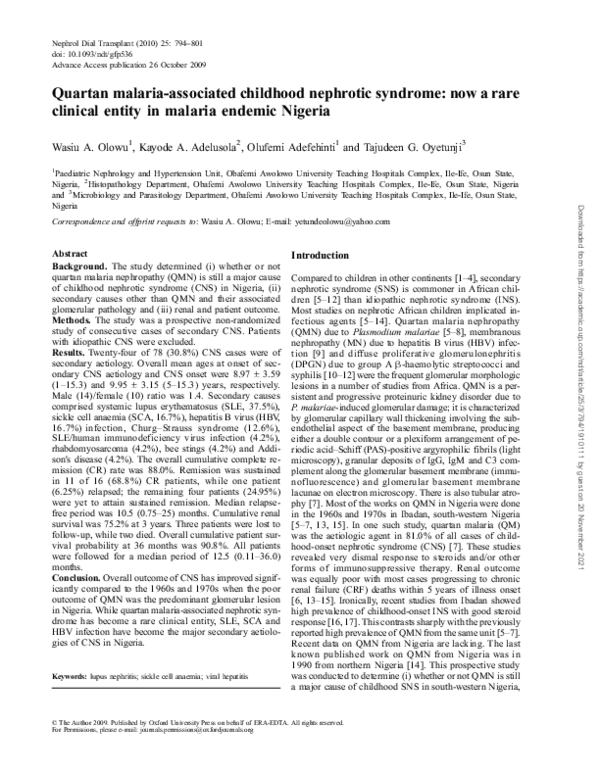 (PDF) Quartan malaria-associated childhood nephrotic syndrome: now a ...