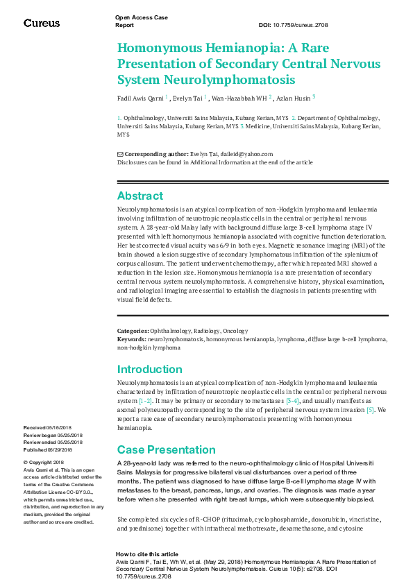 (PDF) Homonymous Hemianopia: A Rare Presentation of Secondary Central Nervous System ...