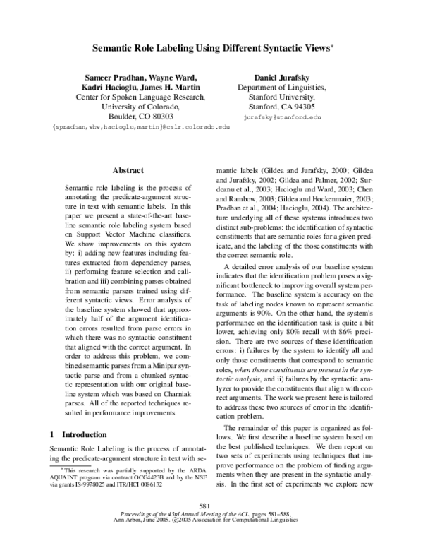 Pdf Semantic Role Labeling Using Different Syntactic Views Kadri Hacioglu