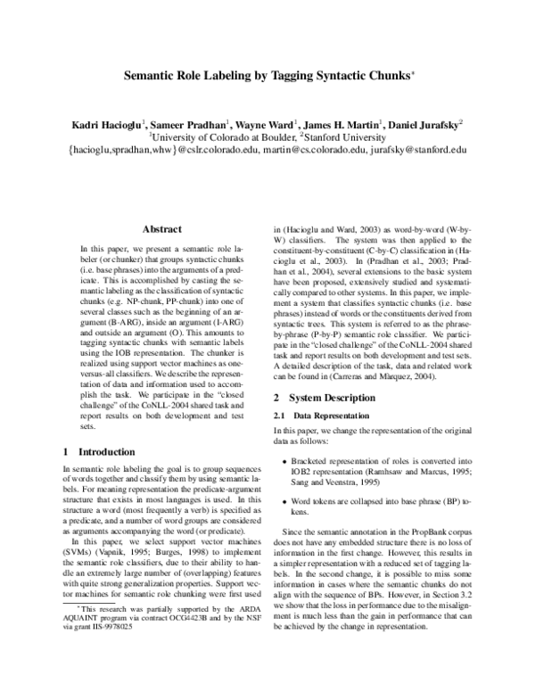 Pdf Semantic Role Labeling By Tagging Syntactic Chunks Kadri Hacioglu