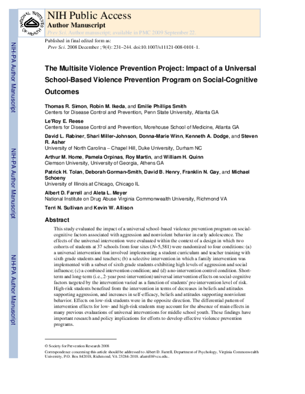 (PDF) The multisite violence prevention project: Impact of a universal ...