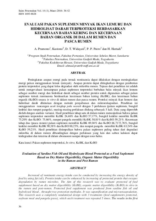 (PDF) Evaluasi Pakan Suplemen Minyak Ikan Lemuru Dan Hidrolisat Darah Terproteksi Berdasarkan ...
