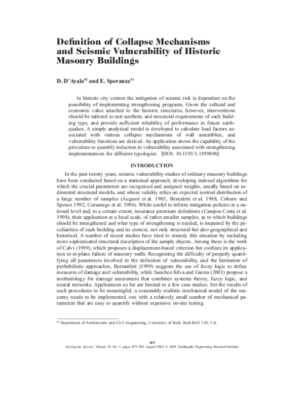 (PDF) Definition of Collapse Mechanisms and Seismic Vulnerability of ...