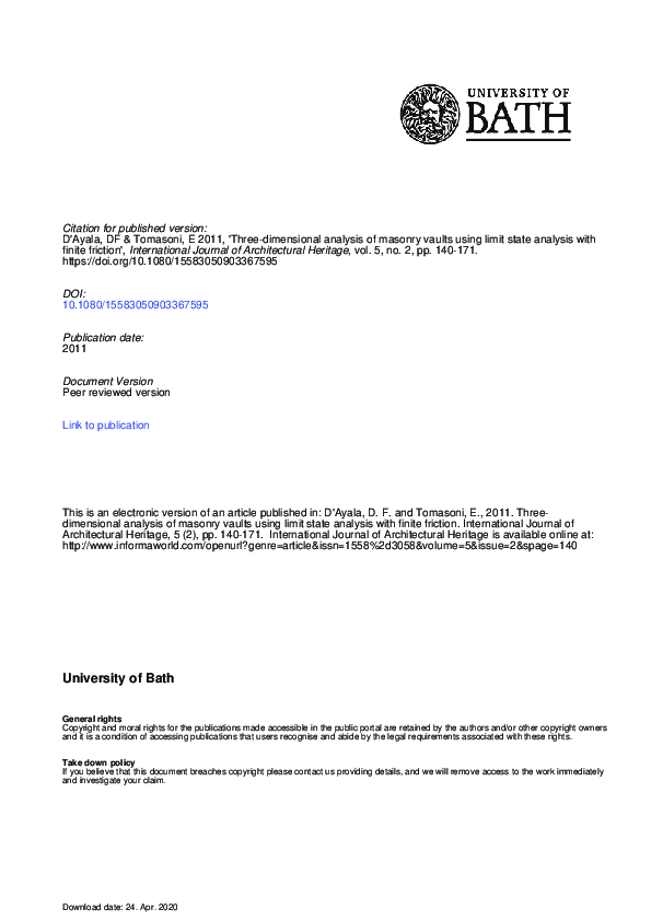Pdf Three Dimensional Analysis Of Masonry Vaults Using Limit State Analysis With Finite Friction