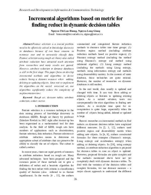 (PDF) Incremental algorithms based on metric for finding reduct in dynamic decision tables