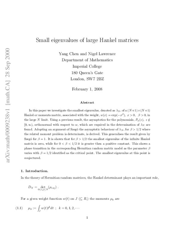 (PDF) Small eigenvalues of large Hankel matrices