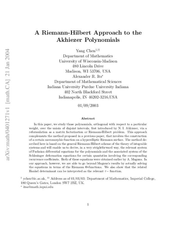 (PDF) Riemann-Hilbert Analysis of Akhiezer Polynomials