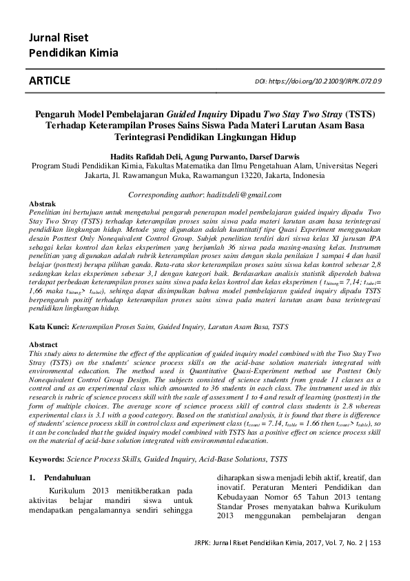 (PDF) Pengaruh Model Pembelajaran Guided Inquiry Dipadu Two Stay Two Stray (TSTS) Terhadap ...