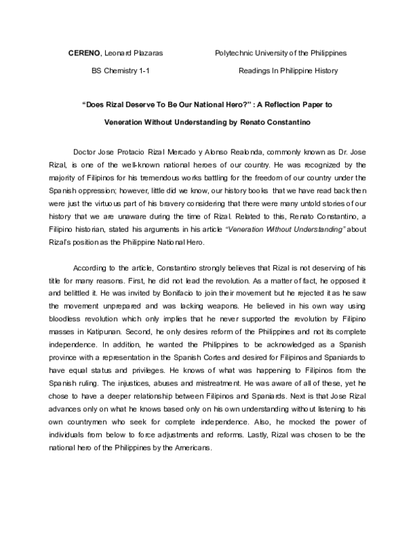 (PDF) “Does Rizal Deserve To Be Our National Hero?” : A Reflection ...