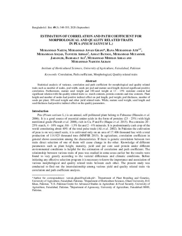 Pdf Estimation Of Correlation And Path Coefficient For Morphological