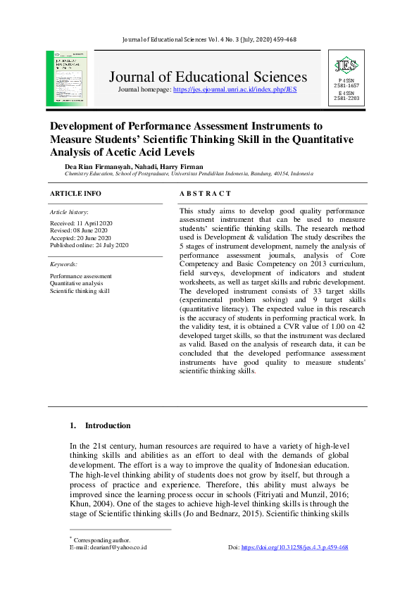 (PDF) Development of Performance Assessment Instruments to Measure Students’ Scientific Thinking ...