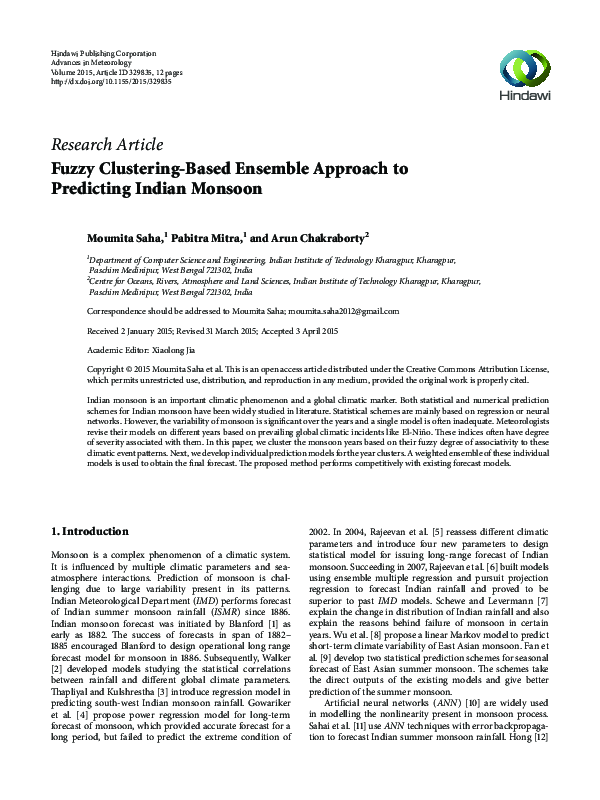 Pdf Fuzzy Clustering Based Ensemble Approach To Predicting Indian Monsoon
