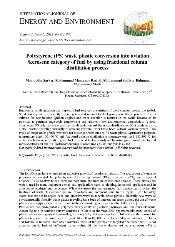 (PDF) Polystyrene (PS) waste plastic conversion into aviation/kerosene ...