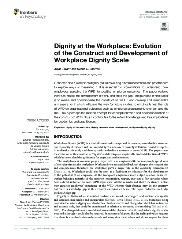 (PDF) Dignity at the Workplace: Evolution of the Construct and ...