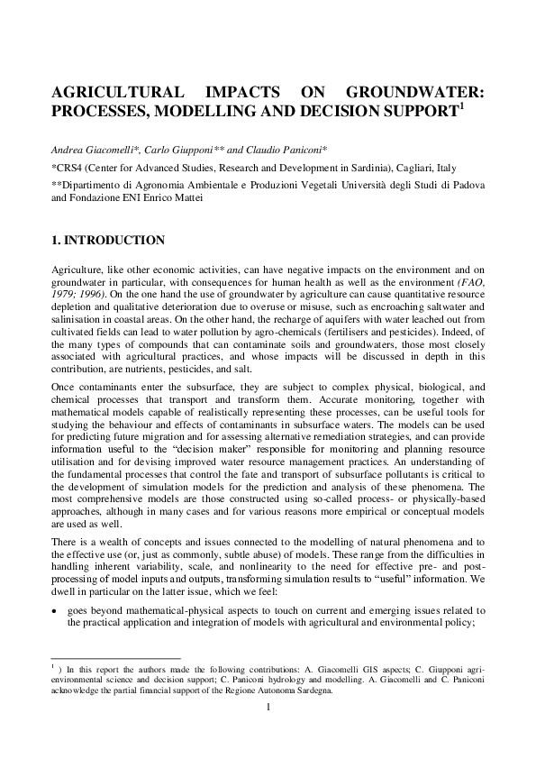 (PDF) Agricultural Impacts on Groundwater: Processes, Modelling and Decision Support