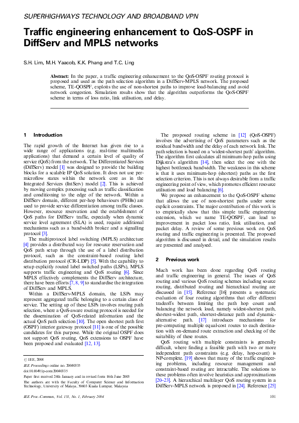 Pdf Traffic Engineering Enhancement To Qos Ospf In Diffserv And Mpls Networks