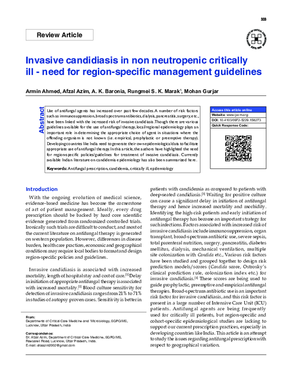 (PDF) Invasive candidiasis in non neutropenic critically ill - need for region-specific ...