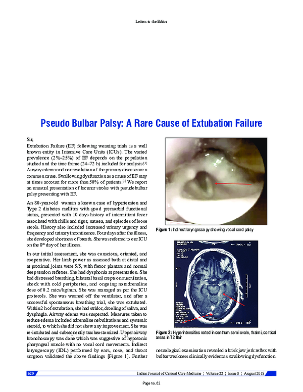 (PDF) Pseudo Bulbar Palsy: A Rare Cause of Extubation Failure