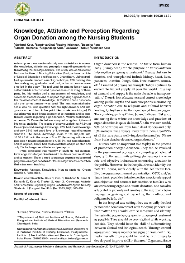 (PDF) Knowledge, Attitude and Perception Regarding Organ Donation among the Nursing Students